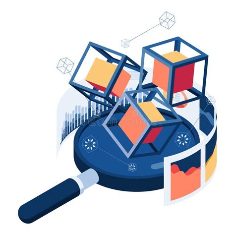 Isometric Blockchain And Magnifying Glass With Data Analytics Stock Vector Illustration Of