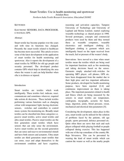 PDF Smart Textiles Use In Health Monitoring And Sportswear