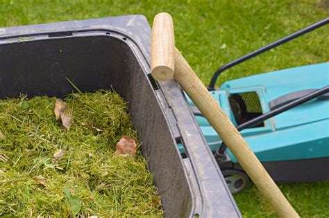 잔디 깍는 기계 및 재활용 신선한 잘라 잔디와 바이오 컨테이너에 삽 0명에 대한 스톡 사진 및 기타 이미지 0명 가정 생활 개념 Istock
