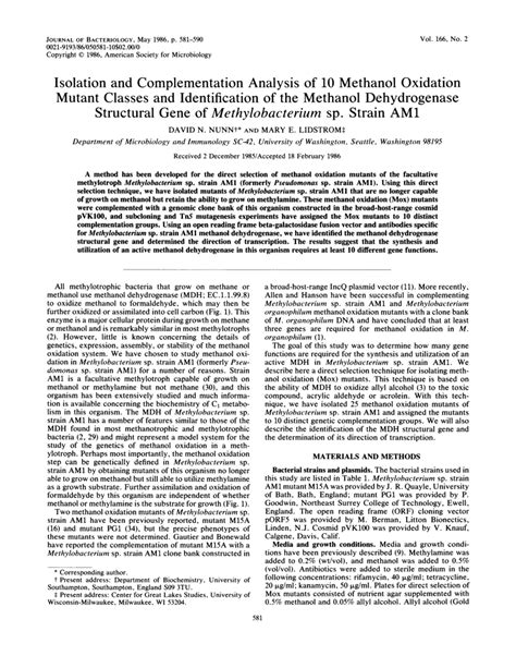Pdf Isolation And Complementation Analysis Of 10 Methanol Oxidation Mutant Classes And