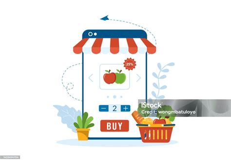 온라인 식료품 점 또는 슈퍼마켓은 플랫 만화 손으로 그린 템플릿 일러스트레이션에서 응용 프로그램을 통해 매일 필수품 또는 음식을