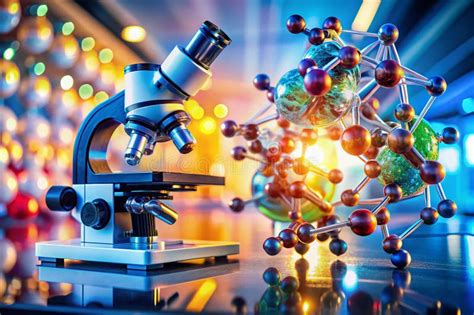 Scientific Research A Double Exposure Of Molecular Model And Microscope In A Modern Laboratory