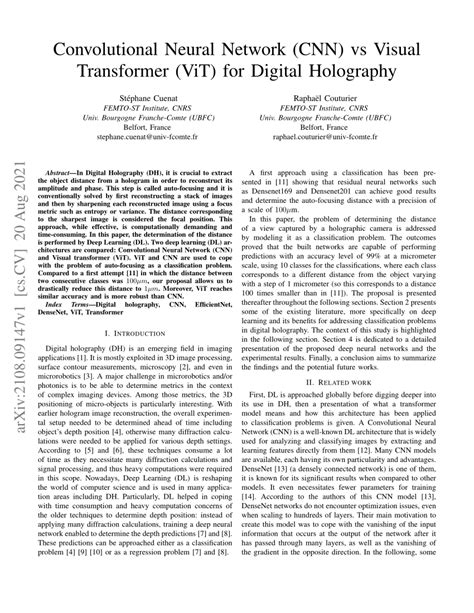 PDF Convolutional Neural Network CNN Vs Visual Transformer ViT For Digital Holography