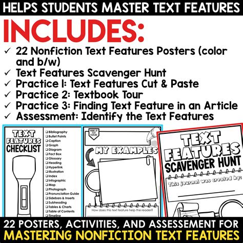 Nonfiction Text Features Scavenger Hunt Activities Posters Worksheets Library