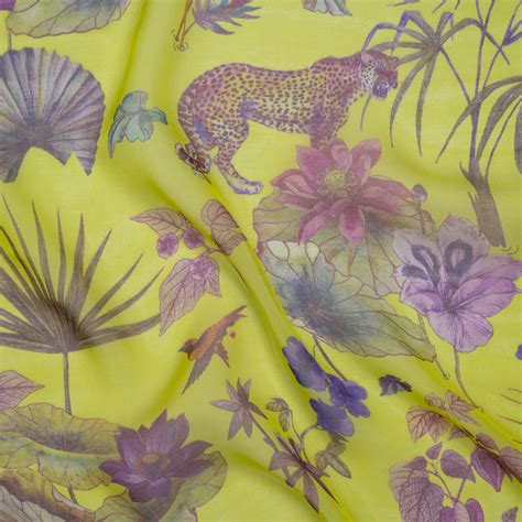 Silk Voile Print Made In Italy Chartreuse Green Purple And Blue Tro