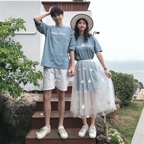 웨딩촬영 커플 시밀러룩 커플티 한국 패션 스타일 튤 스커트 여름 옷