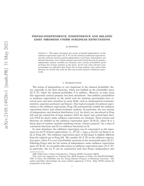 Pdf Pseudo Independence Independence And Related Limit Theorems Under Sublinear Expectations