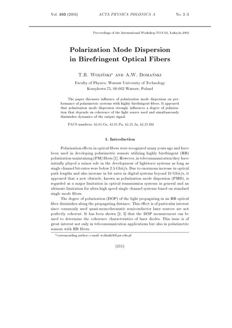Pdf Polarization Mode Dispersion In Birefringent Optical Fibers