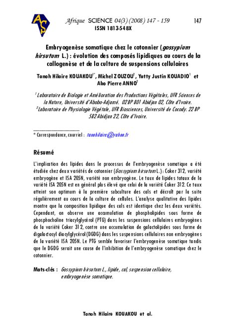 Pdf Embryogenèse Somatique Chez Le Cotonnier Gossypium Hirsutum L