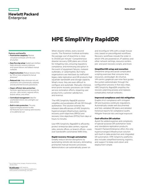 Hpe Simplivity Rapiddr Data Sheet Pdf Automation Data Center