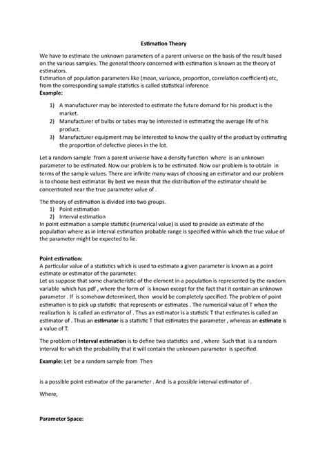 Estimation Theory Statistics Estimation Theory We Have To Estimate The Unknown Parameters Of