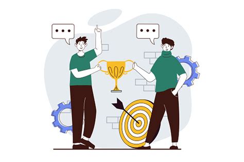 웹을 위한 플랫 디자인에서 사람들 장면과 팀워크 개념 남자들은 팀으로 일하고 프로젝트에 협력하고 골든 컵 트로피를 획득합니다 소셜 미디어 배너 마케팅 자료에 대한 벡터