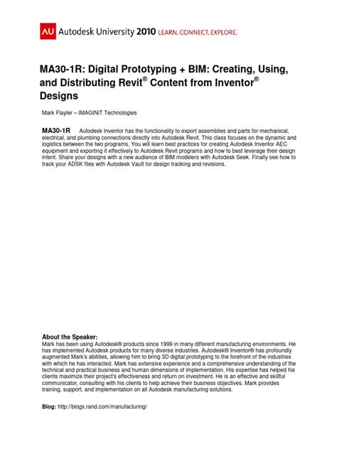 Ma30 1r Digital Prototyping And Bim Pdf Autodesk Autodesk Revit