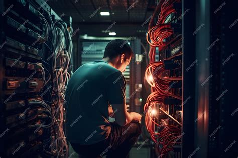 Premium Ai Image Technician From Behind Performing Maintenance In A Data Center
