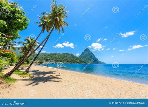 Paradise Beach At Soufriere Bay With View To Piton At Small Town