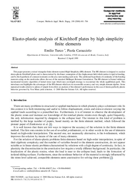 Pdf Elasto Plastic Analysis Of Kirchhoff Plates By High Simplicity Finite Elements