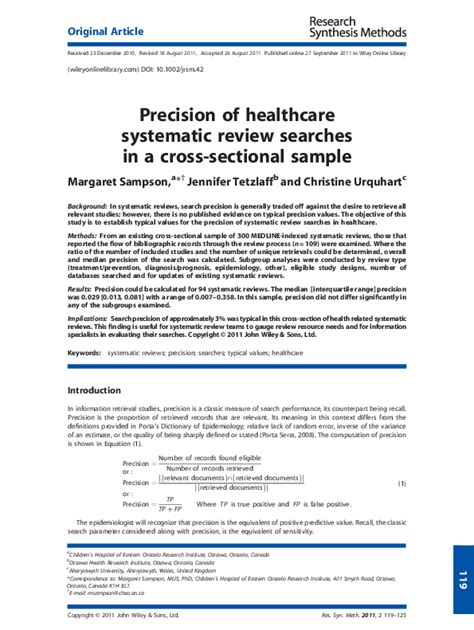 Pdf Precision Of Healthcare Systematic Review Searches In A Cross Sectional Sample