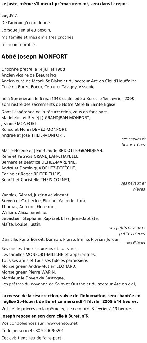 Avis De Décès De Joseph Monfort Décédé Le 01022009 à Annonce Condoléances Fleurs Etc L