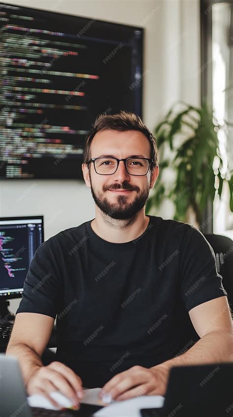 There Is A Man Sitting At A Desk With A Laptop And A Computer Premium Ai Generated Image