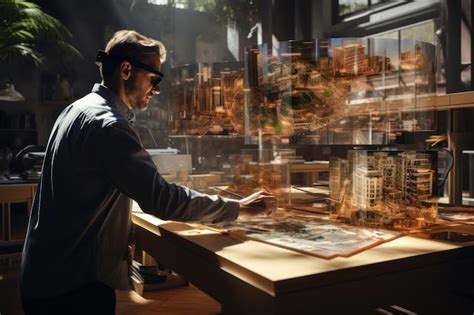 Premium Photo Architecture Simulator Innovation Hologram Project On Table Generate With Ai