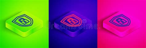 Isometric Line Shield Security With Lock Icon Isolated On Green Blue