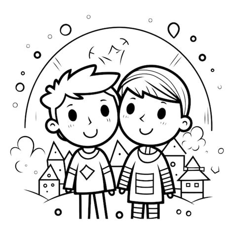 소년과 소녀의 터 일러스트레이션의 컬러링 페이지 윤 프리미엄 벡터