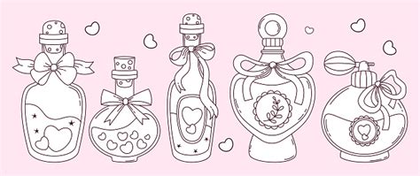 빈티지 코케트 매직 보틀과 리본 리본 세트가 있는 향수를 간략하게 설명하십시오 로맨틱한 여성스러운 분위기 벡터 일러스트 레이 션 고립된 트렌디한 미용 액세서리 및 화장품 선