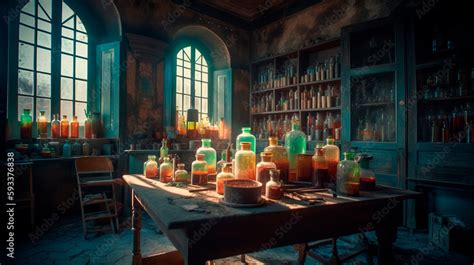 Ancient Chemists Laboratory With Mysterious Objects And Experiments