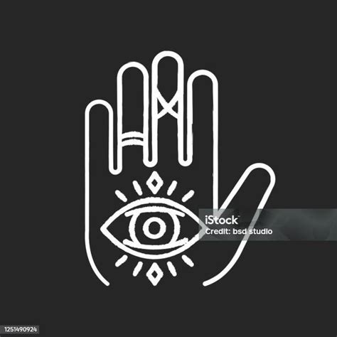 검은 배경에 손과 눈 비도 흰색 아이콘 점쟁이 신비한 상징 모든 눈 마법의 기호를보고 타로 독서 팔미스트리 부적 격리된 벡터 칠판 그림 0명에 대한 스톡 벡터 아트 및 기타