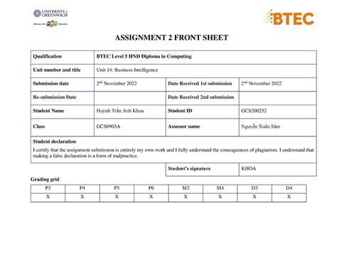 Asm 02 1641 Chỉ để Tham Khảo Assignment 2 Front Sheet Qualification Btec Level 5 Hnd