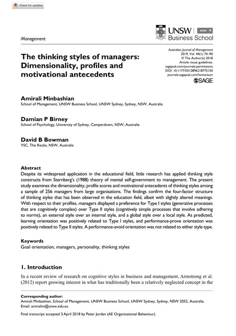 Pdf The Thinking Styles Of Managers Dimensionality Profiles And Motivational Antecedents