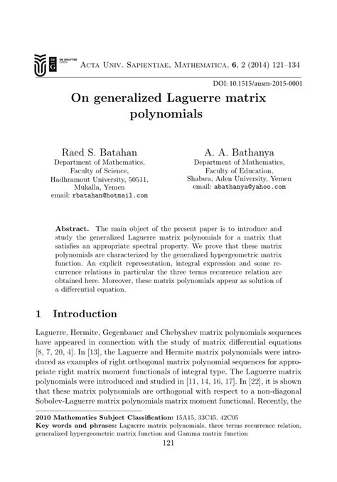 Pdf On Generalized Laguerre Matrix Polynomials