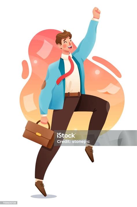 기쁨을 위해 점프 성공적인 사업가 즐거운 사람 비즈니스 개념 남자에 대한 스톡 벡터 아트 및 기타 이미지 남자 서류 가방