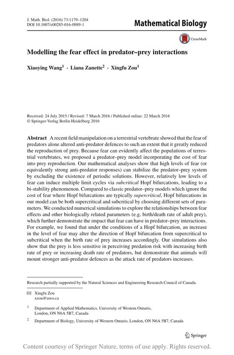 Modelling The Fear Effect In Predator Prey Interactions Request Pdf
