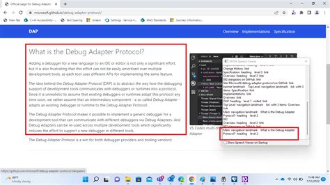 A11y Visual Studio Code Client Sep2021 Debug Adapter Protocol Home Page ScreenReader Narrator