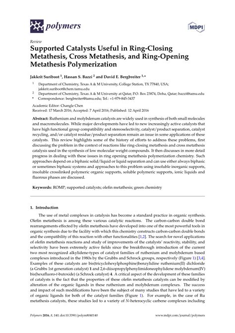 Pdf Supported Catalysts Useful In Ring Closing Metathesis Cross Metathesis And Ring Opening