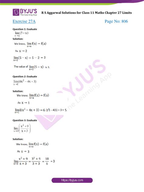 R S Aggarwal Solution Class 11 Maths Chapter 27 Limits Pdf Mathematics