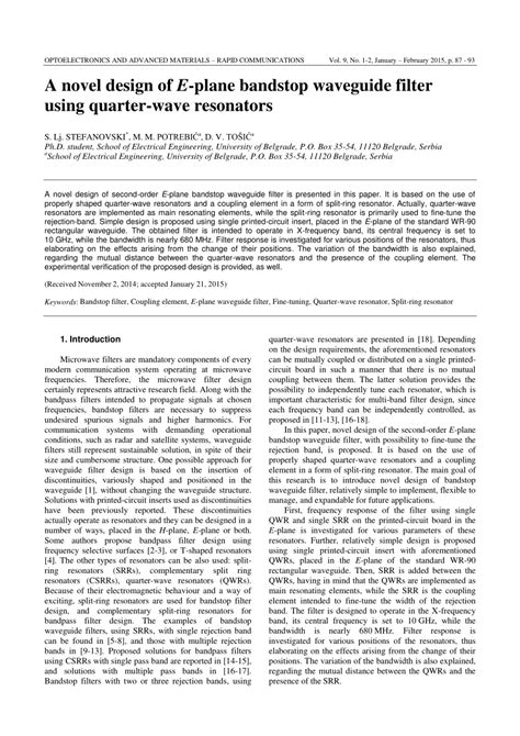 Pdf A Novel Design Of E Plane Bandstop Waveguide Filter Using Quarter Wave Resonators