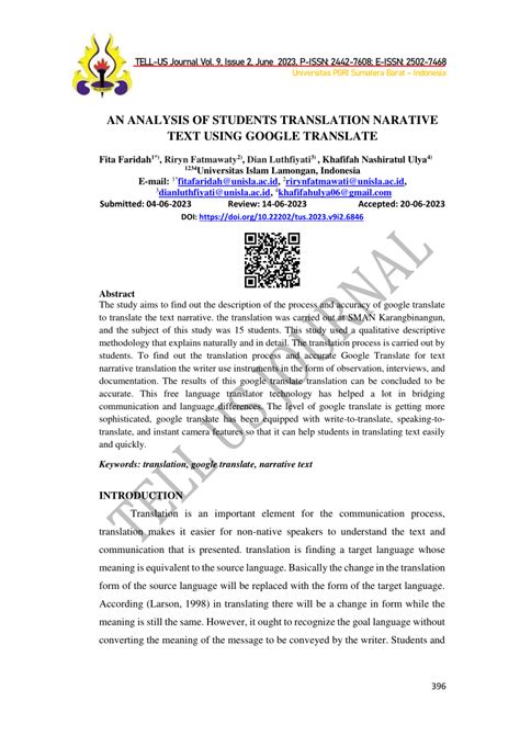 PDF AN ANALYSIS OF BabeS TRANSLATION NARATIVE TEXT USING GOOGLE TRANSLATE