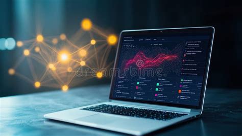 sleek laptop displaying data visualizations on modern workspace stock