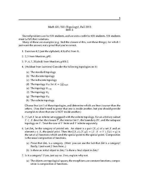 Hw3 Homework Assignment 3 1 Math Topology Fall 2015 Hw 3 Starred Problems Are For 531
