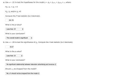 solved a use a 01 to test the hypotheses for the model y