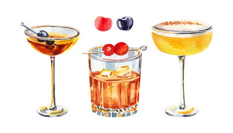 흰색 배경에 수채화 손으로 그린 여름 아페리티프 칵테일 유리 간단한 스케치 그림 세트 칵테일에 대한 스톡 벡터 아트 및 기타 이미지 칵테일 수채화 고풍스런 Istock