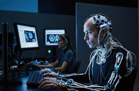 Premium Photo Man With Braincomputer Interface Conducting Research
