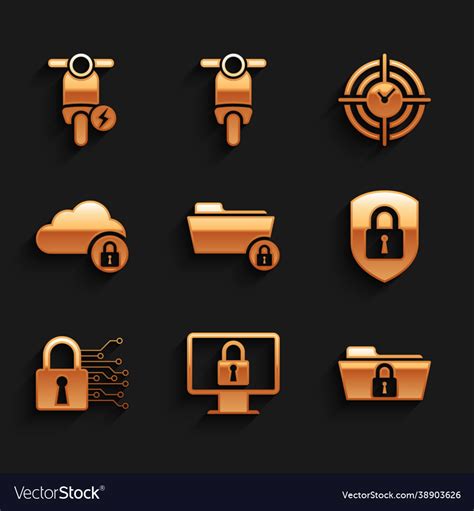 Set Folder And Lock Lock On Monitor Shield Vector Image