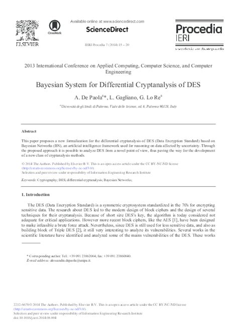 Pdf Bayesian System For Differential Cryptanalysis Of Des