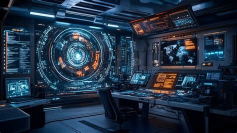 Futuristic High Tech Control Room With Data Displays And Holographic Interface Stock
