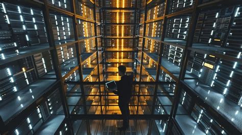 Photograph Of It Specialist Using Laptop In Data Center Server Farm Cloud Computing Facility
