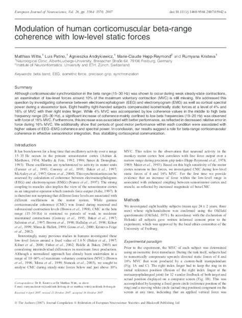 Pdf Modulation Of Human Corticomuscular Beta Range Coherence With Low Level Static Forces
