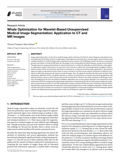 PDF Whale Optimization For Wavelet Based Unsupervised Medical Image Segmentation Application
